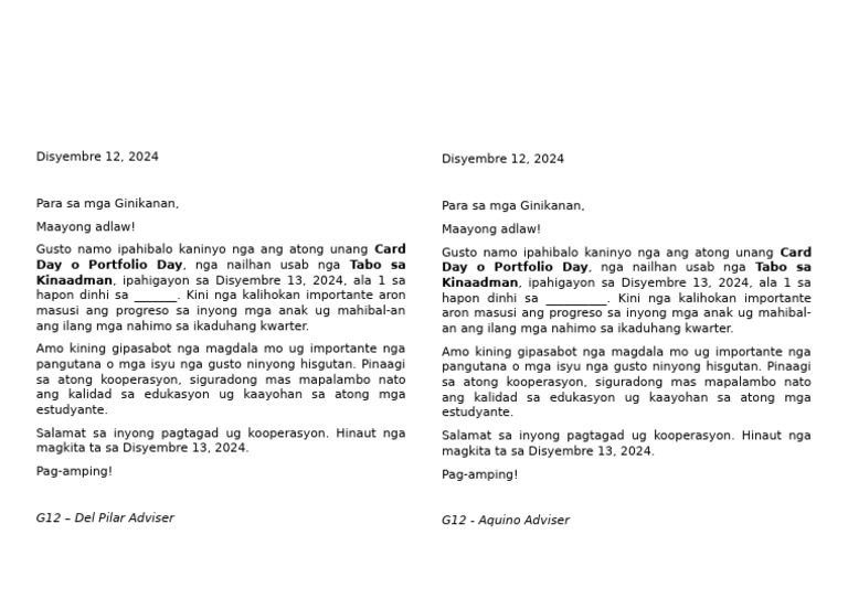 Letter To Parents Tabo Sa Kinaadman 1 | PDF