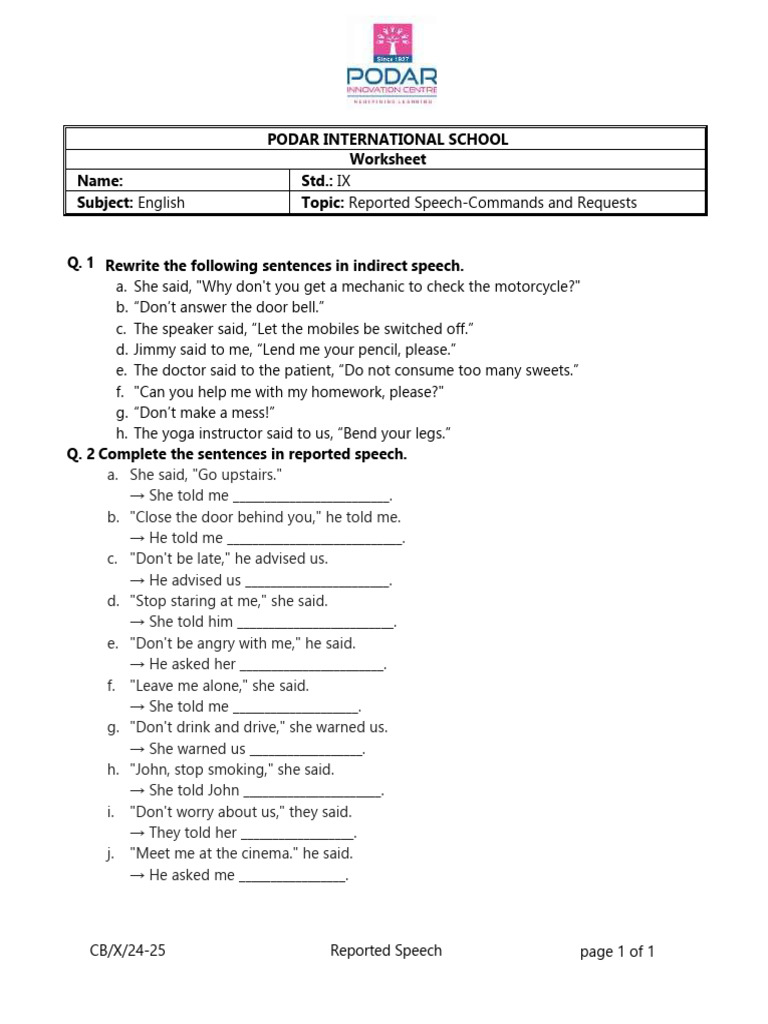 QP - WS - CB - IX - Eng - Reported Speech-Commands and Requests | PDF