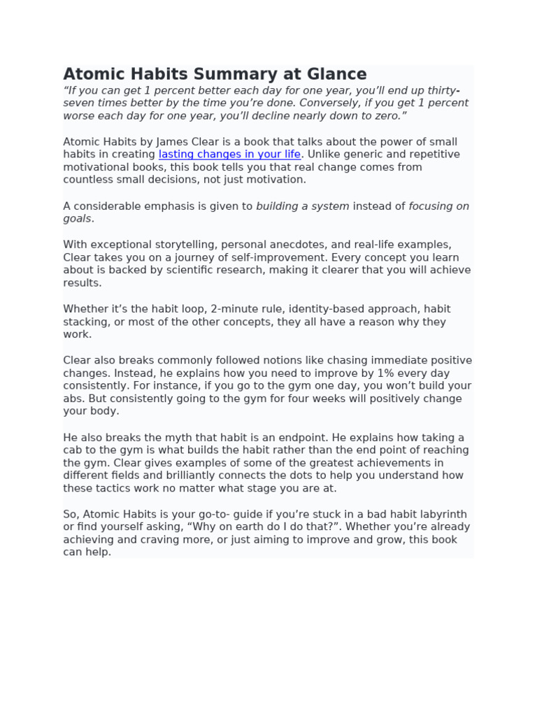 Atomic Habits Summary at Glance | PDF