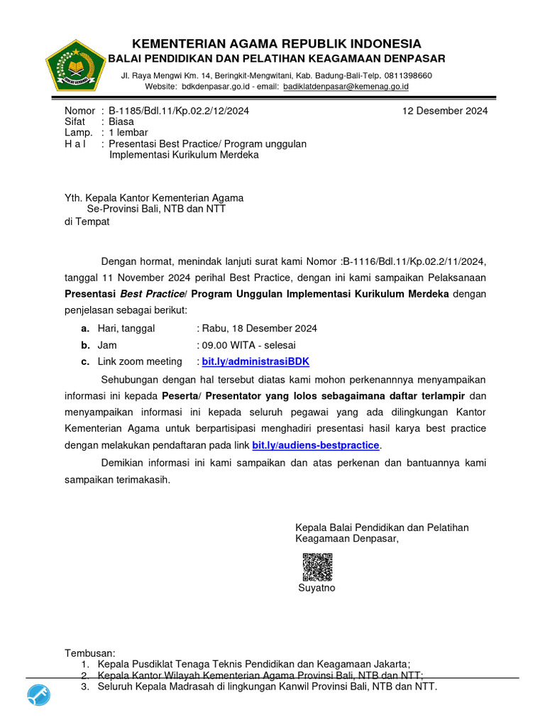 Surat Presentasi Best Practice BDK Dps | PDF