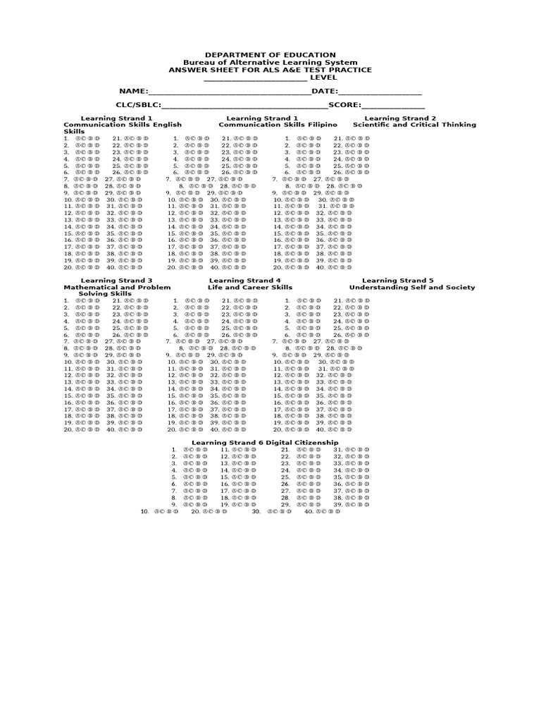 ALS Shading Practice Answer Sheet | PDF