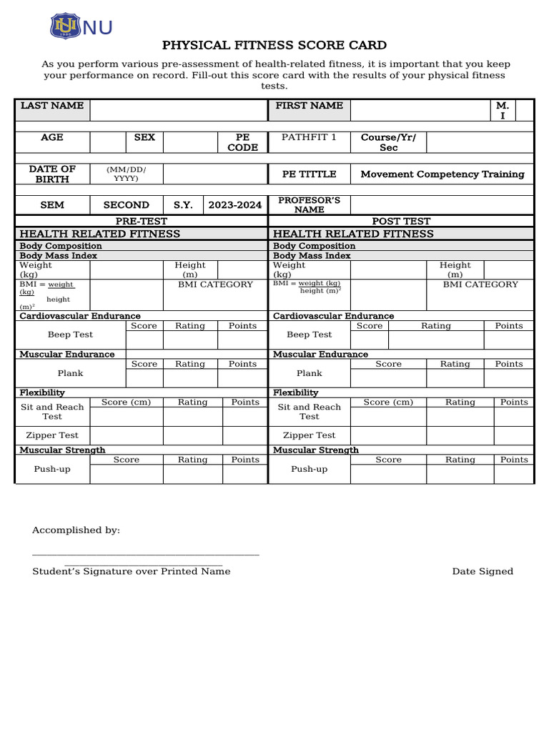 PFT 1ST YEAR Score Card | PDF | Body Mass Index | Human Body Weight