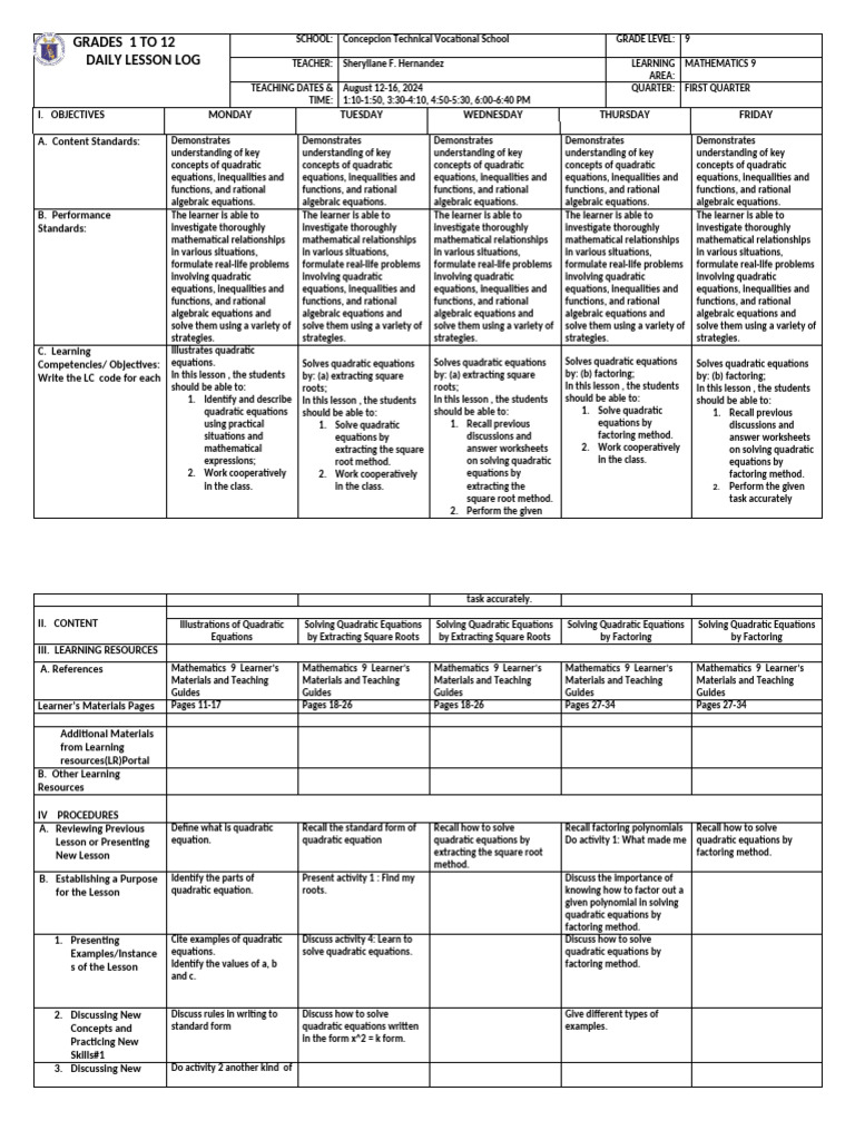LESSON PLAN | PDF | Factorization | Quadratic Equation