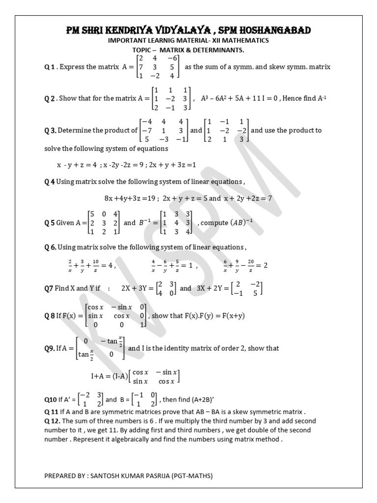 XII_MAT_DET (1) | PDF | Matrix (Mathematics) | Functions And Mappings