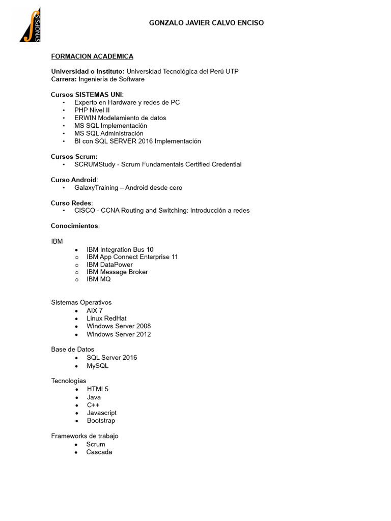 Synopsis CV Gonzalo Calvo Enciso | PDF | Servidor SQL de Microsoft | Mi sql