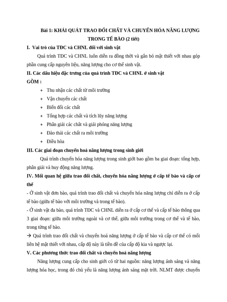 PHT-GN - Bai 1 - Khai Quat Ve Trao Doi Chat Va Chuyen Hoa Nang Luong 3 | PDF