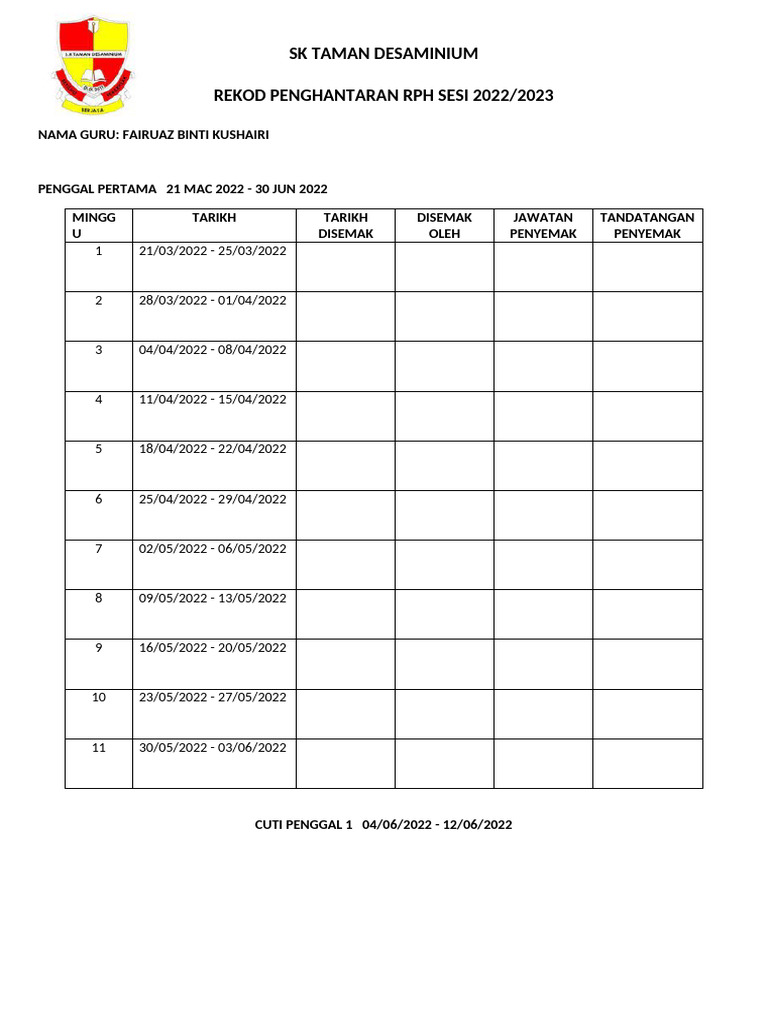 Rekod Penghantaran RPH | PDF