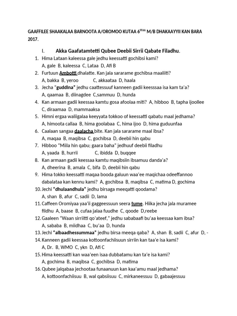 GAAFFILEE SHAAKALAA A.Oromoo Kutaa 6ffaa 2017 | PDF