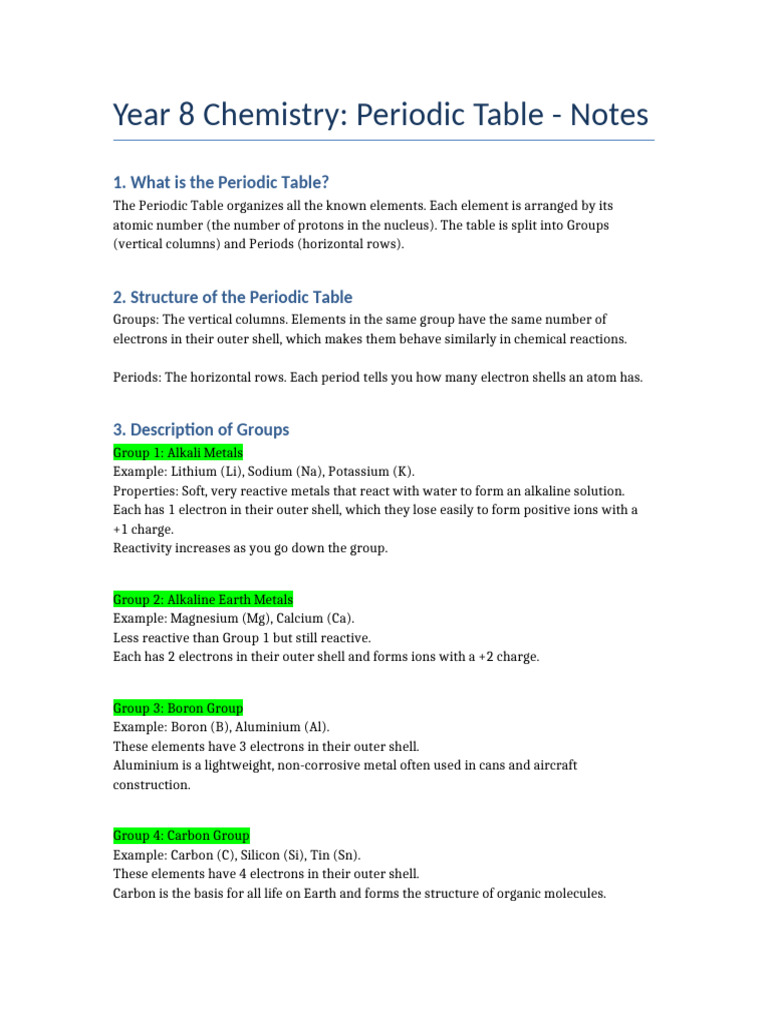 Year 8 Chemistry Periodic Table Notes | PDF | Periodic Table | Chlorine