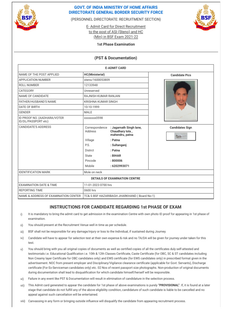 Https Rectt - Bsf.gov - in Applicant Print-Card Id 2099763 | PDF ...