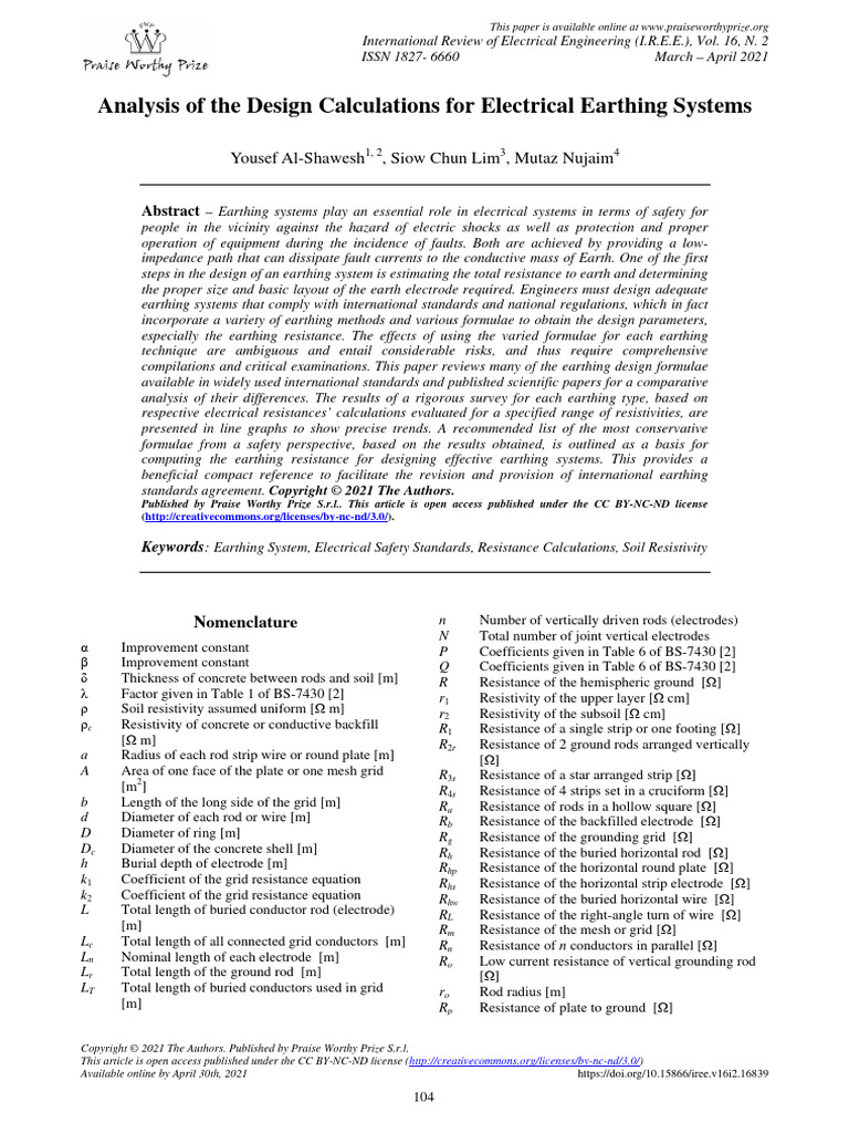 Analysis of the Design Calculations for Electrical Earthing Systems ...