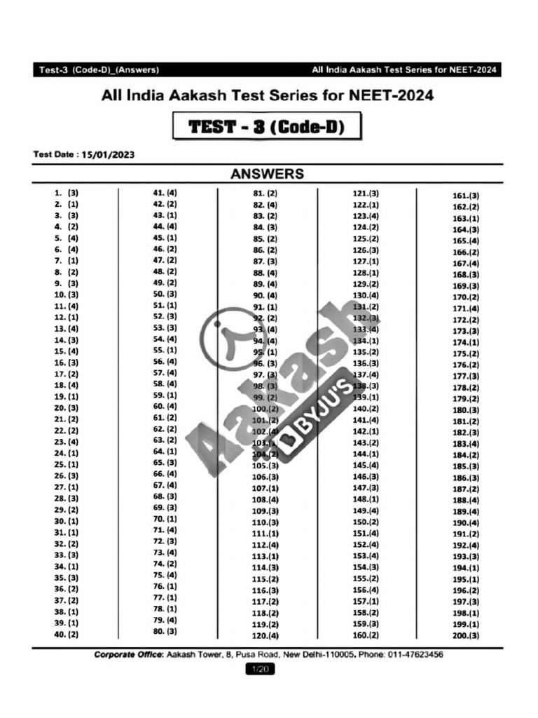 AIATS - 03 Answer KEY (TYM) | PDF
