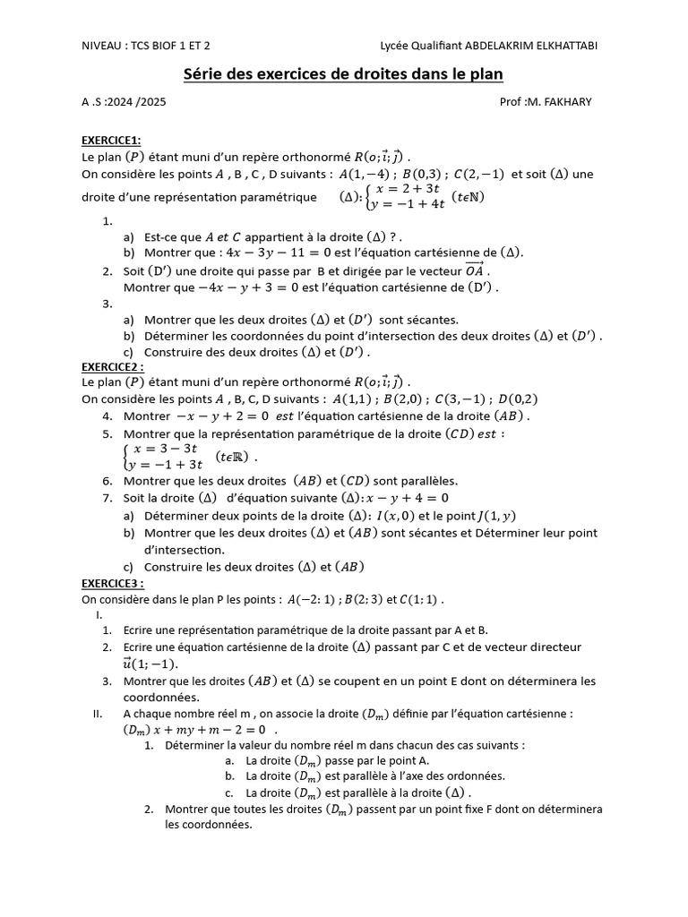 Exercices sur les droites dans le plan | PDF | Droite (mathématiques ...