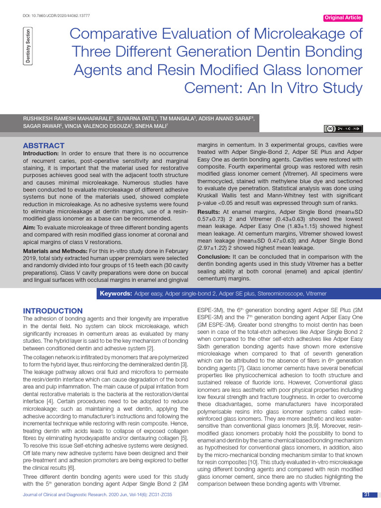 Comparative Evaluation Of Microleakage Of Three Di Pdf Dentistry Tooth