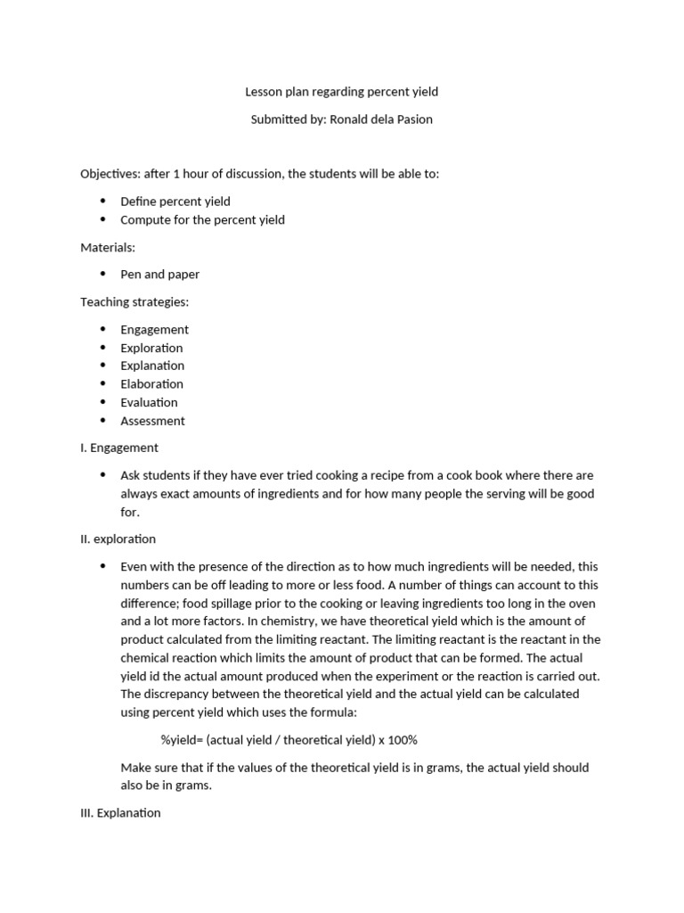 Percent Yield Lesson Plan Ronald Dela Pasion | PDF