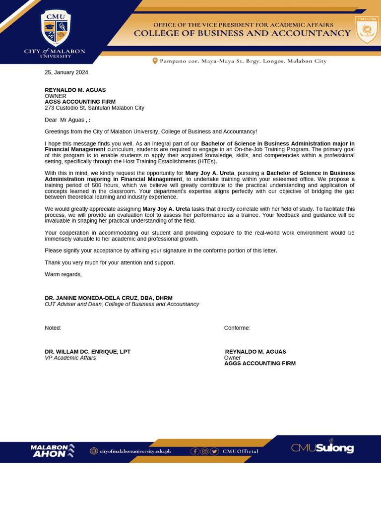 OJT Form 1 Endorsement Letter | PDF