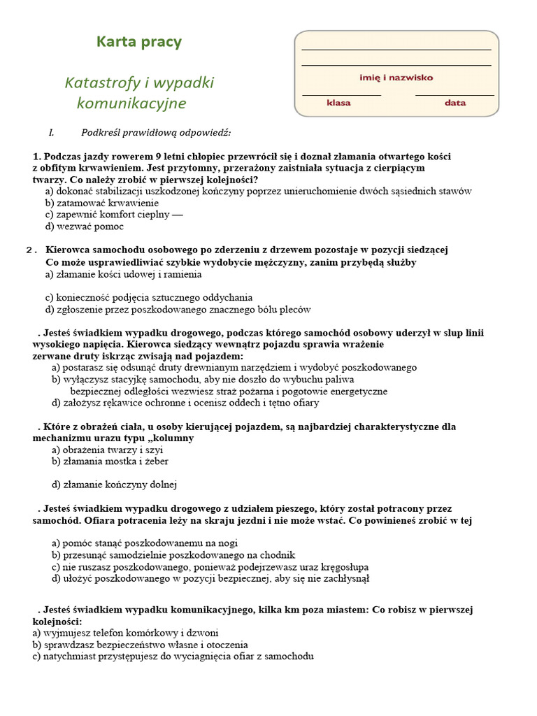 Katastrofy I Wypadki Komunikacyjne: Karta Pracy | PDF