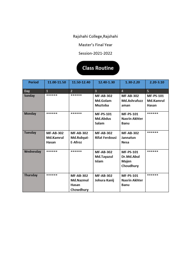Abdullah Class Routine | PDF
