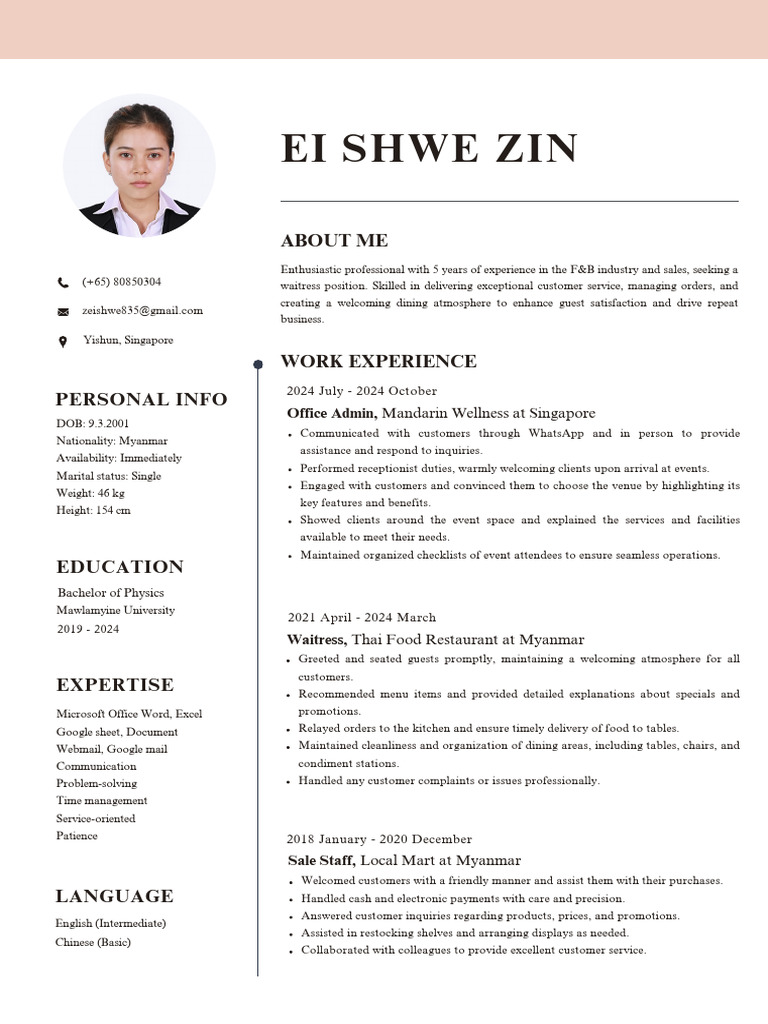 Ei Shwe Zin Resume (Waitress) | PDF | Waiting Staff