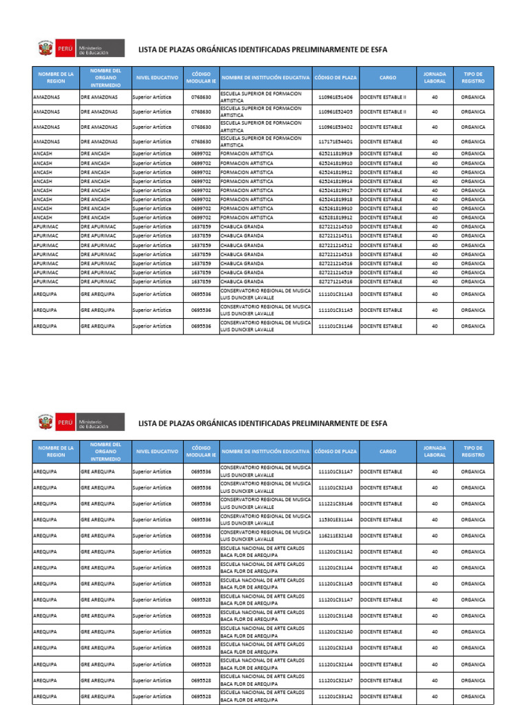 Plazas Organicas Preliminares de Esfas | PDF | Perú