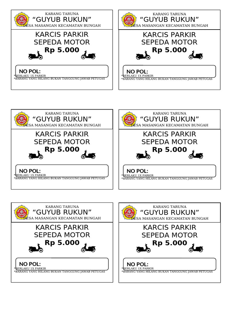 Contoh Karcis Parkir Motor dan Mobil | PDF