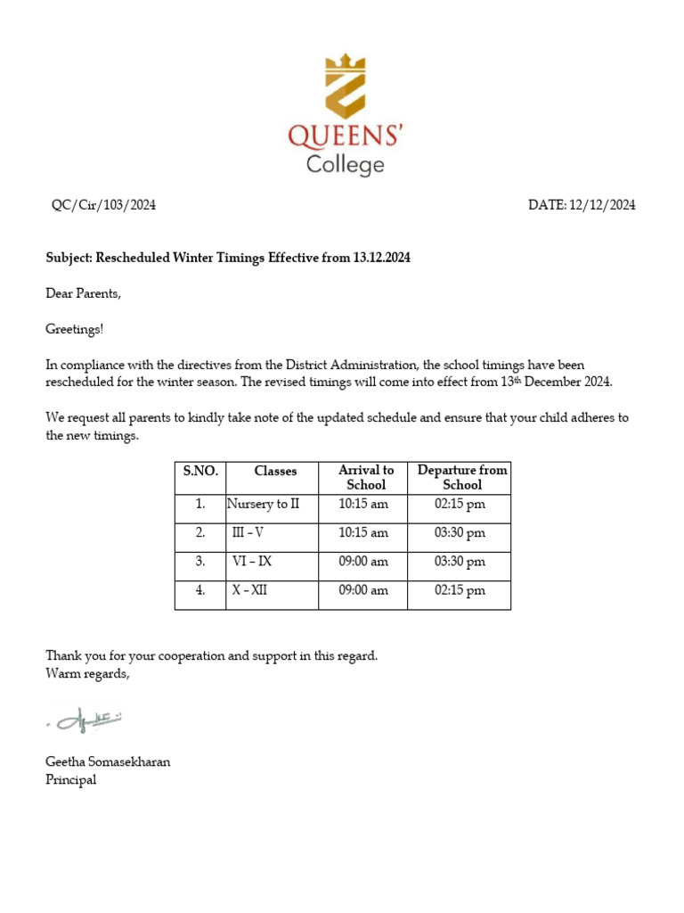 Circular - Revised Winter Timing Change-1 | PDF