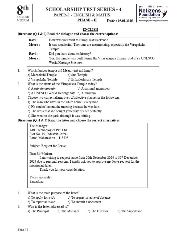 Foundation Scholarship (English Medium) English & Maths Paper 05.01. ...