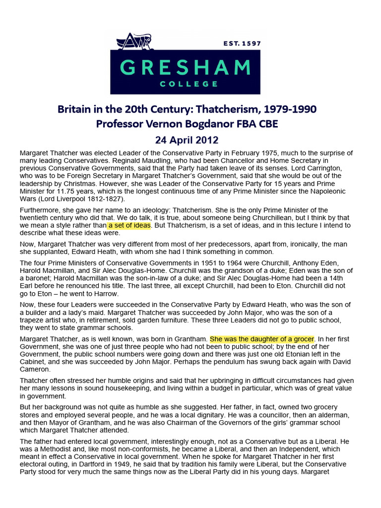 Britain in The 20th Century, Thatcherism 1979-1990 - 0 | PDF | Margaret ...