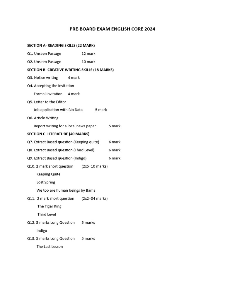 Portion for Preboard class XII Eng | PDF