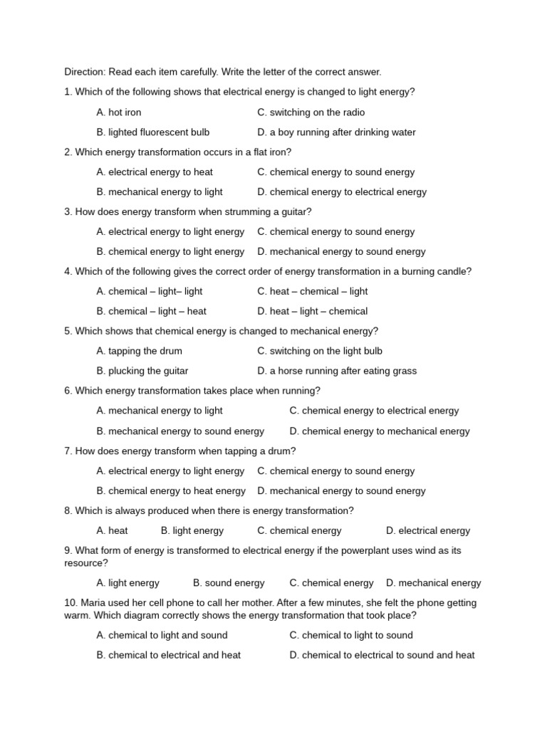 Energy Transformation Quiz Questions | PDF | Quantity | Metrology
