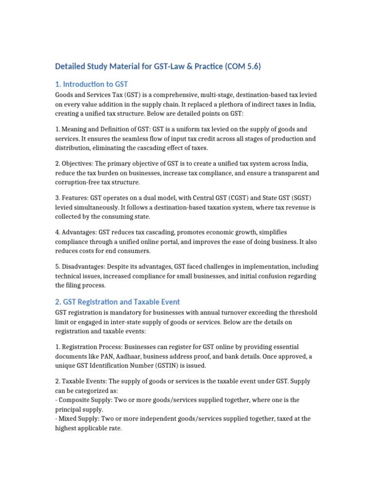 GST Law Elaborate Study Material | PDF | Taxes | Money