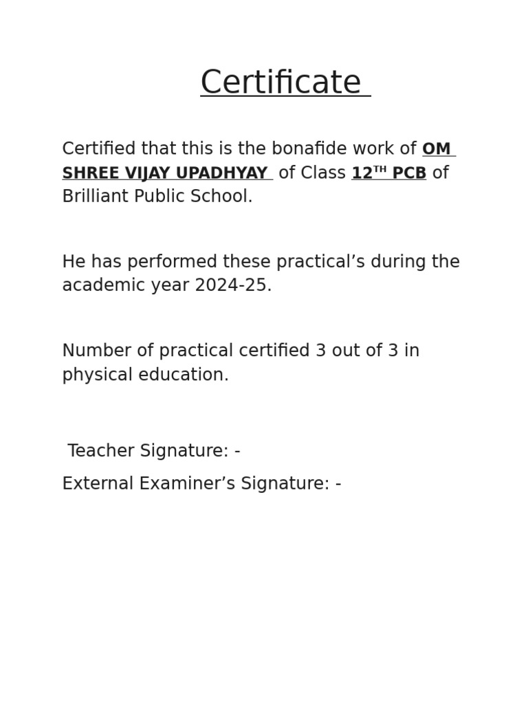 Class 12 PCB Practical Certificate | PDF