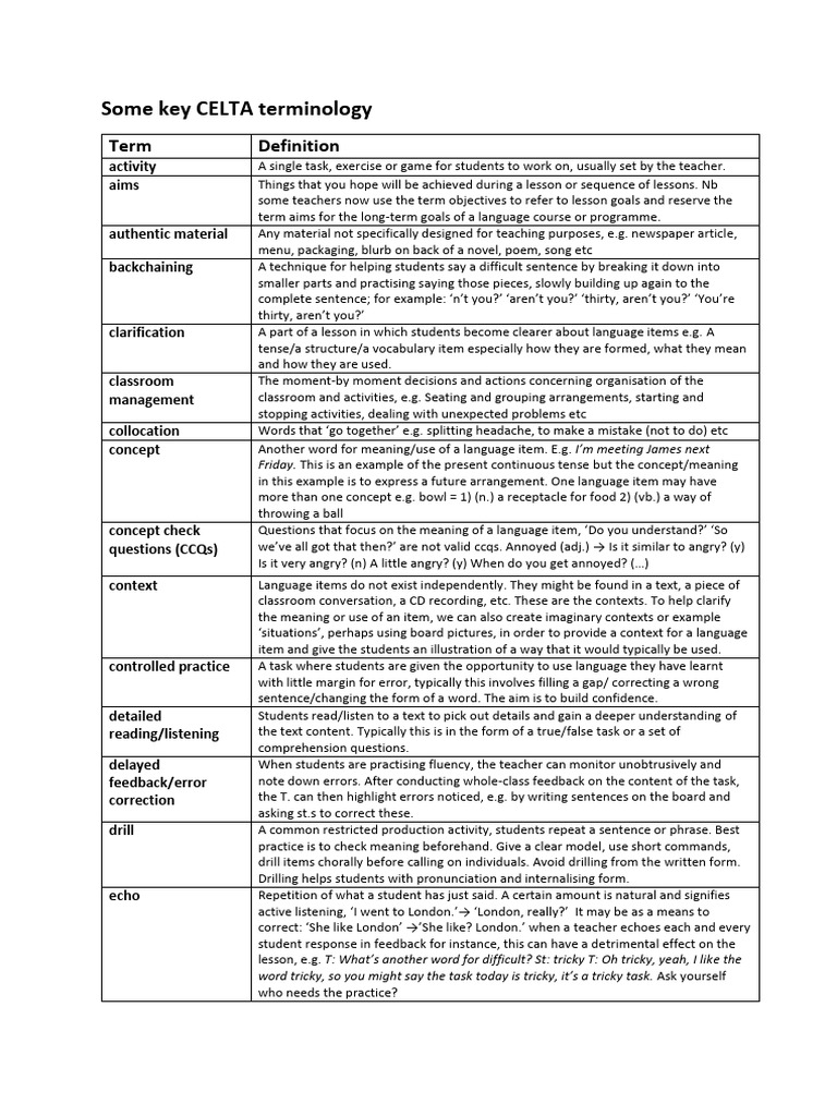 Some Key CELTA Terminology | PDF | English As A Second Or Foreign ...