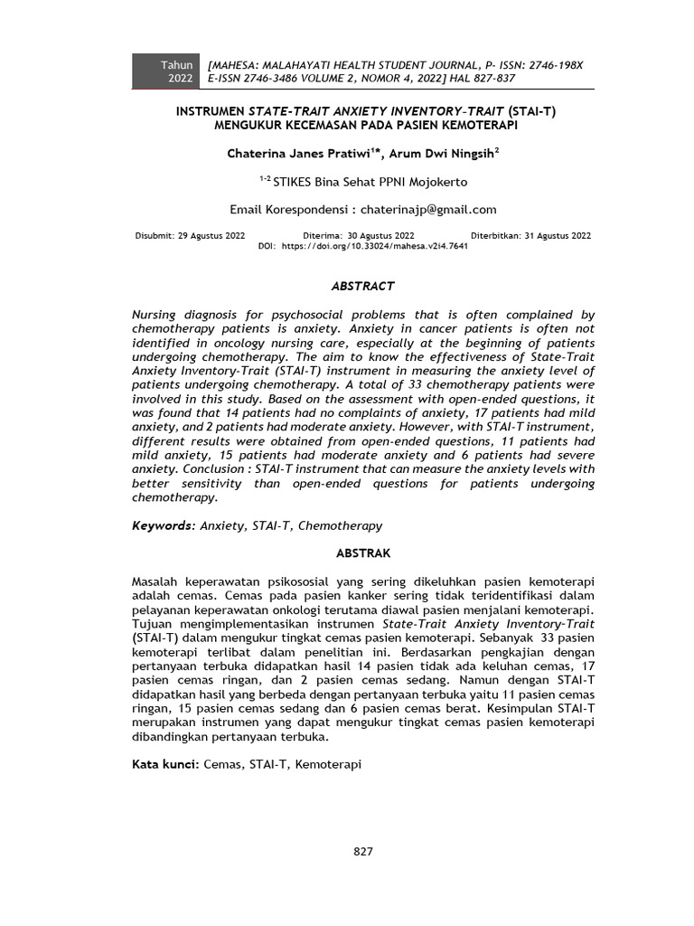 State-Trait Anxiety Scale | PDF