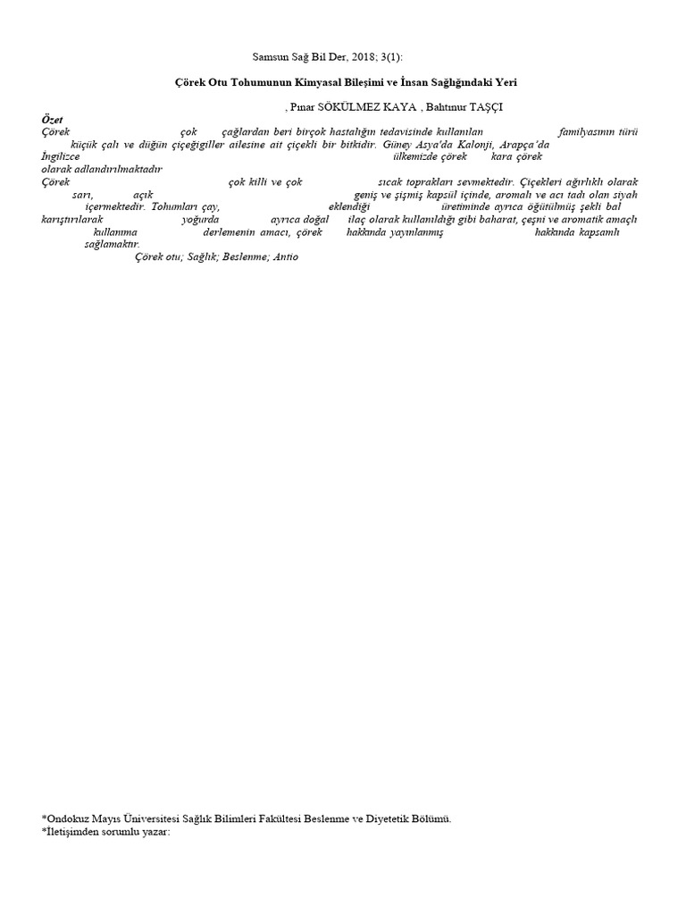 rek Otu (Nigella Sativa L.) Tohumunun Kimyasal Bile__imi ve insan Sa__l______ndaki Yeri[#433935 ...