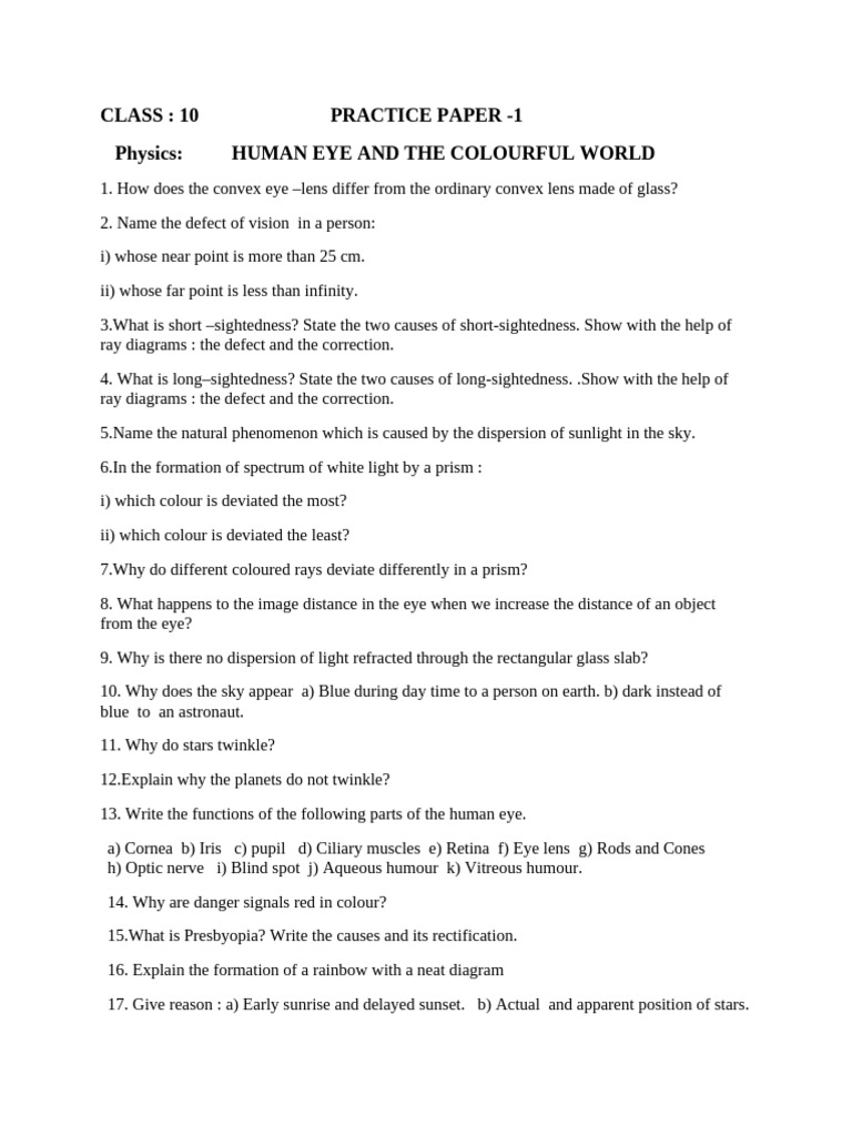 Human Eye and The Colourful World-Assignment | PDF