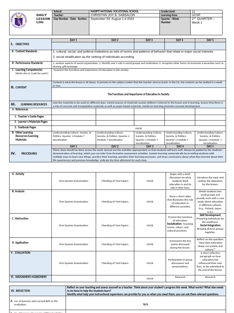 DLL Ucsp. September30-October | PDF | Learning | Teachers