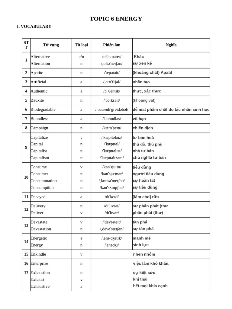 TOPIC 6 Energy Vocabulary Handout | PDF