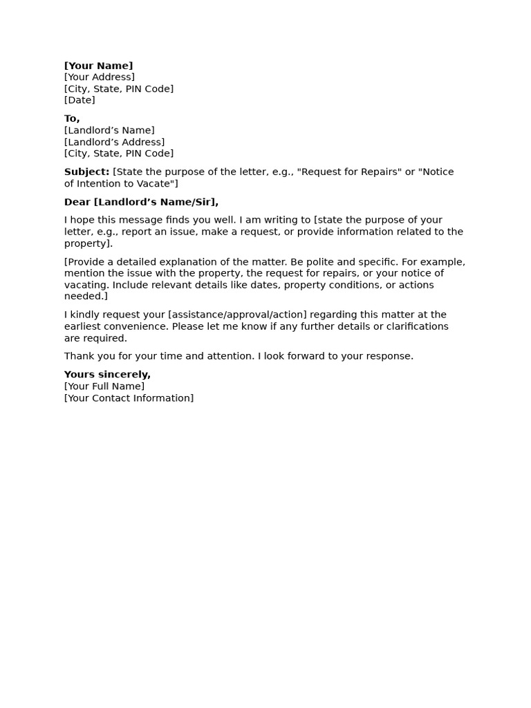 Tenant Letter Template to Landlord | PDF