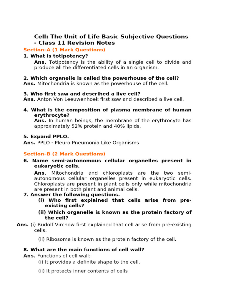 CELL BASIC UNIT QUESTION ANSWERS | PDF | Endoplasmic Reticulum | Cell ...