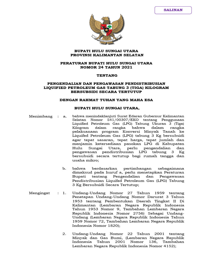 Perbup TTG Pengendalian Dan Pengawasan LPG 3 KG Kab. HSU | PDF