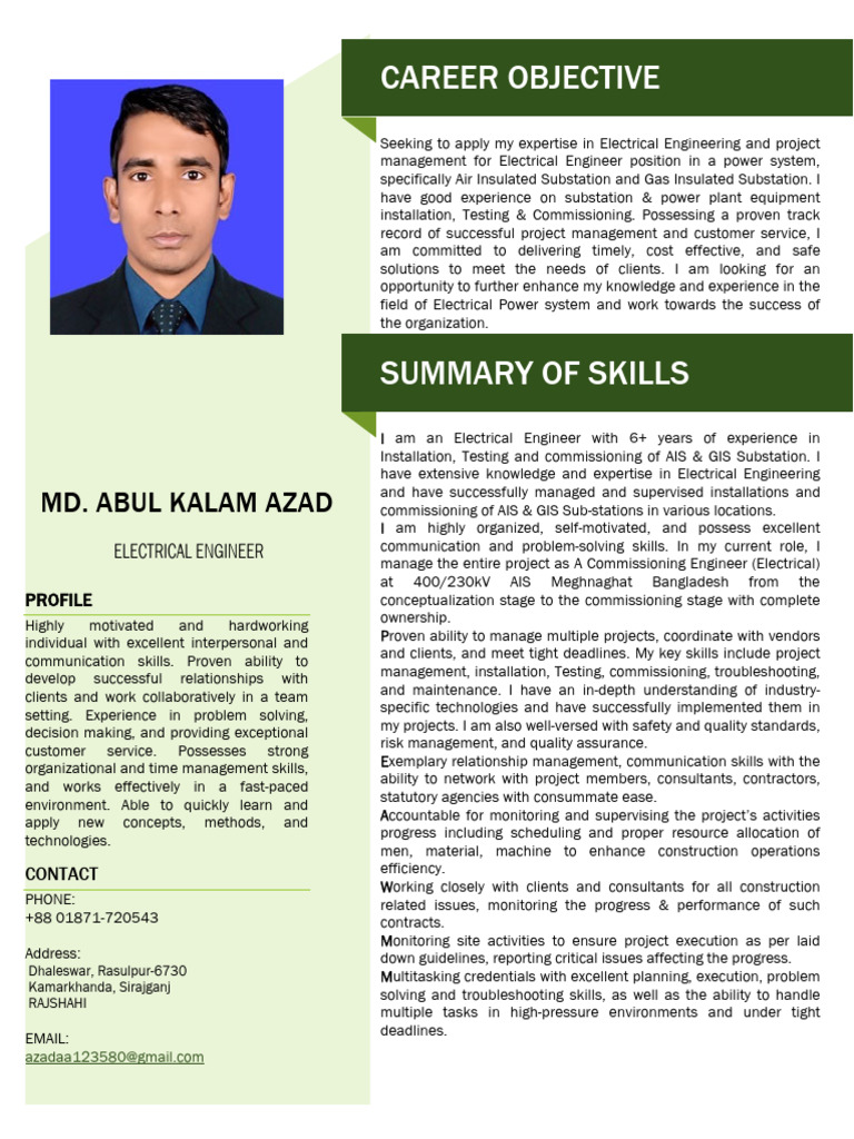 Resume of Abul Kalam Azad. | PDF | Electrical Substation | Electrical ...