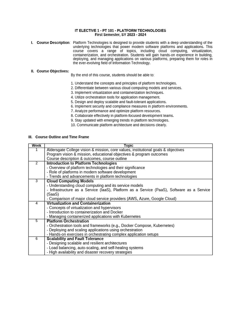Course Outline IT Elective 1 - PT 101 - Platform Technologies | PDF | Cloud Computing | Software ...