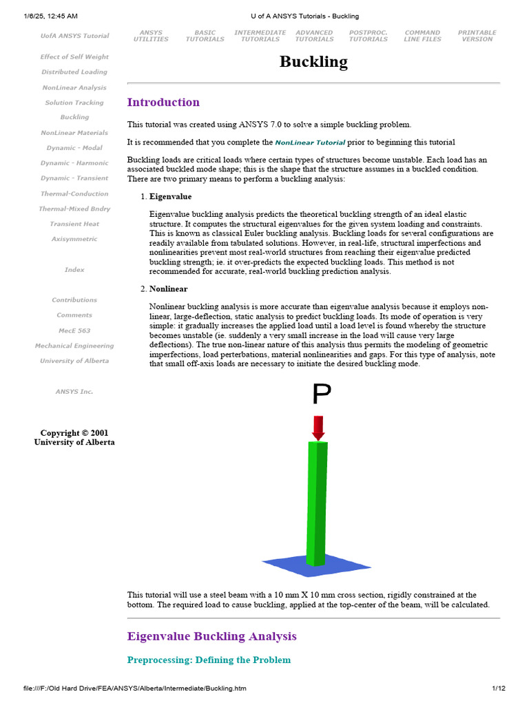 U of A ANSYS Tutorials - Buckling | PDF | Buckling | Beam (Structure)