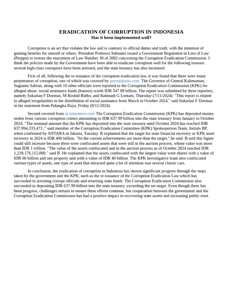 Eradication of Corruption in Indonesia | PDF | Corruption | Crimes