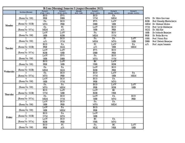 (Morning) Sem - 1 TimeTable | PDF