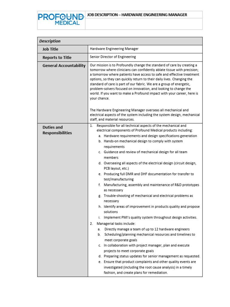 Hardware Engineering Manager Job Description Website | PDF ...