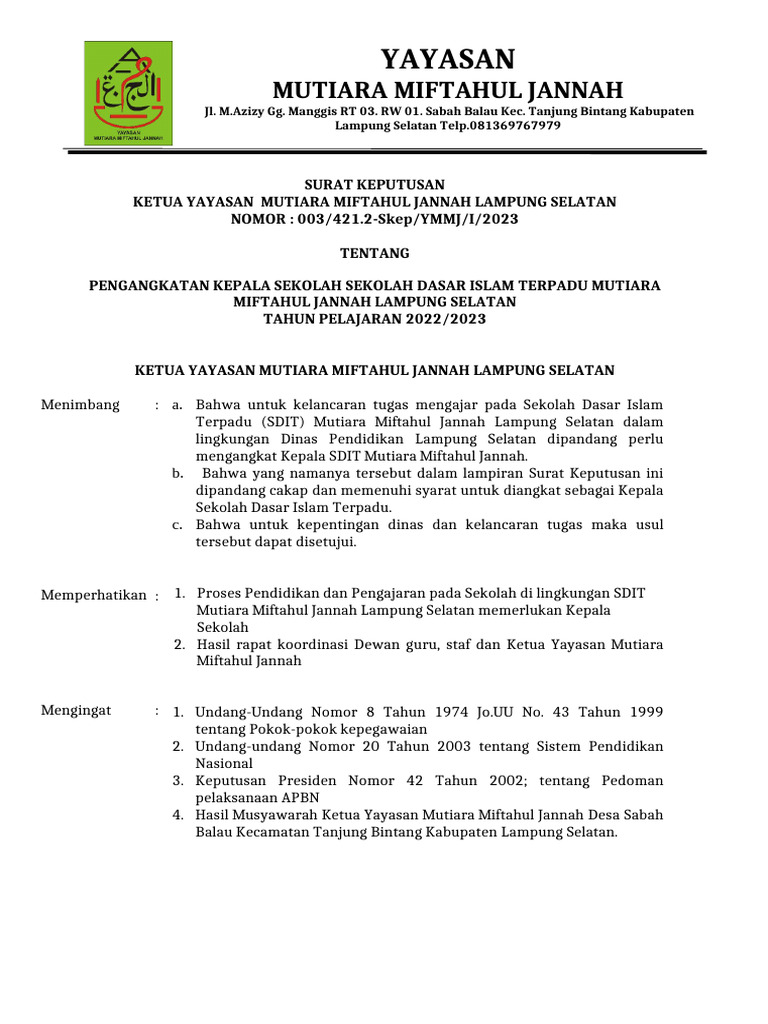 SK KEPALA SEKOLAH SDIT MMJ 2023-2024 fix | PDF