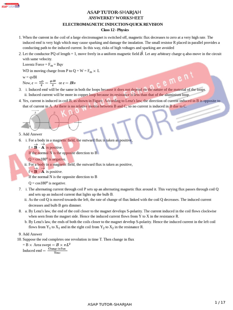 Asap Tutor Emi (Gr12) Worksheet Key | PDF | Electromagnetic Induction ...