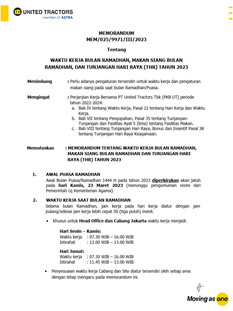 2023 - 025 - Memo Waktu Kerja, Makan Siang & THR Bulan Puasa THR Idul Fitri 2023 (1444) | PDF